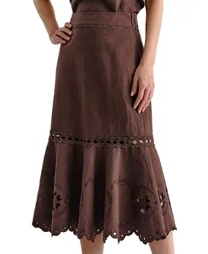 CARTOLINA Marlo Embroidered Linen Midi Skirt - Red