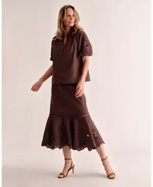 CARTOLINA Marlo Embroidered Linen Midi Skirt - Red