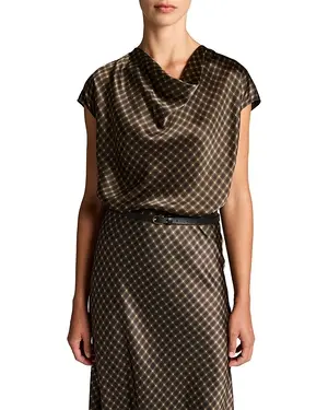 Vince Ombre Plaid Cowl Neck Silk Top - Black/camel
