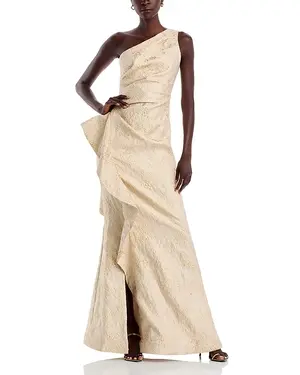Rickie Freeman For Teri Jon Metallic Jacquard One-shoulder Gown - Gold