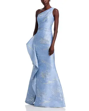 Rickie Freeman For Teri Jon Metallic Jacquard One-shoulder Gown - Light Blue Silver