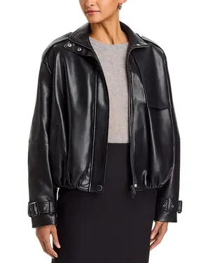 TOCCIN Alyssa Faux Leather Funnel Neck Bomber Jacket - Jet