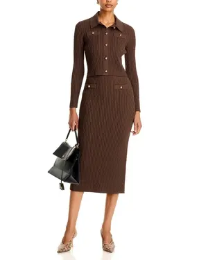 TOCCIN Milla Ribbed Midi Skirt With Faux Pockets - Espresso