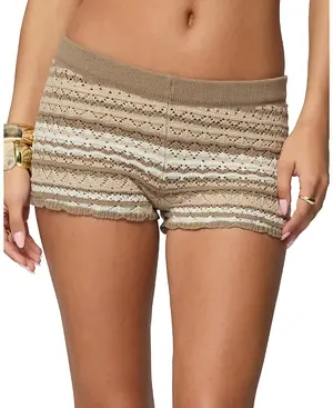 EDIKTED Striped Pointelle Knit Shorts - Beige