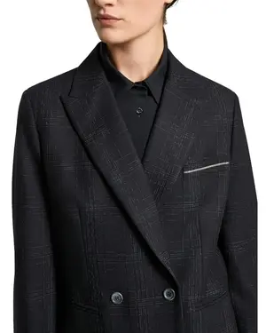 Peserico Double Breasted Blazer Jacket In Stretch Wool Blend Check Flannel With Lurex