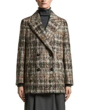 Peserico Double Breasted Check Boucle Coat - Eclipse Gray