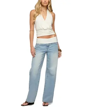 EDIKTED Knit Foldover Low Rise Baggy Jeans