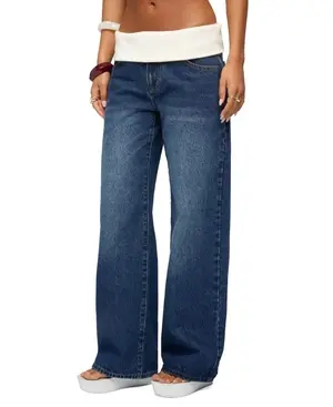 EDIKTED Knit Foldover Low Rise Baggy Jeans - Medium-blue-washed