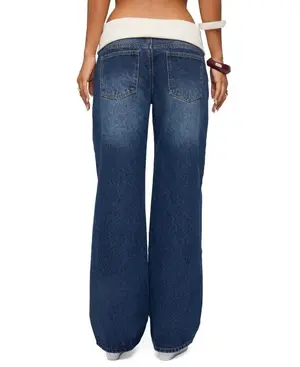 EDIKTED Knit Foldover Low Rise Baggy Jeans - Medium-blue-washed