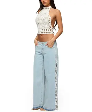 EDIKTED Crochet Panel Wide Leg Jeans