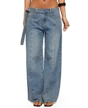 EDIKTED Buttoned Waist Low Rise Baggy Jeans - Light-blue