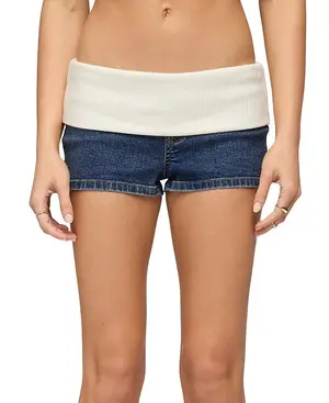 EDIKTED Contrast Foldover Denim Micro Shorts - Dark-blue
