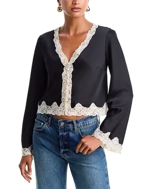 LoveShackFancy Lace Trimmed Long Sleeve Top - Black