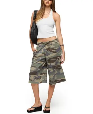 EDIKTED Camouflage Drawstring Bermuda Shorts