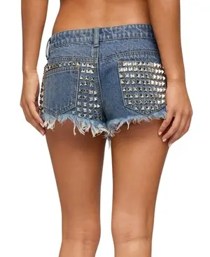 EDIKTED Studded Frayed Low Rise Denim Shorts