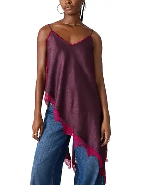 Steve Madden Asymmetrical Draped Lace Trim Top - Deep Fig