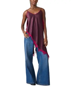 Steve Madden Asymmetrical Draped Lace Trim Top - Deep Fig