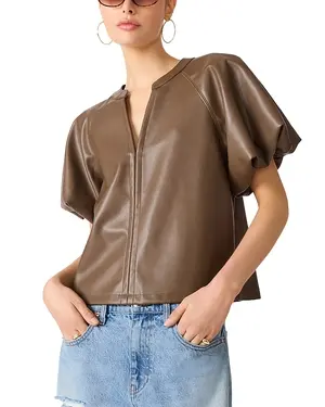 Steve Madden Cecila Faux Leather Puff Sleeve Top - Coco