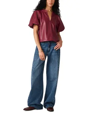 Steve Madden Cecila Faux Leather Puff Sleeve Top - Cordovan