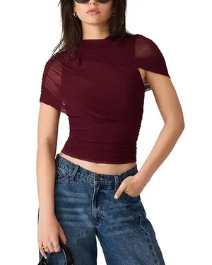 Steve Madden Asymmetrical Draped Mesh Top - Deep Fig