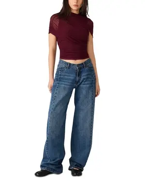 Steve Madden Asymmetrical Draped Mesh Top - Deep Fig
