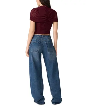 Steve Madden Asymmetrical Draped Mesh Top - Deep Fig