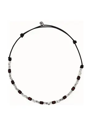 UNODE50 Leather Necklace With And Wood Beads - Silver