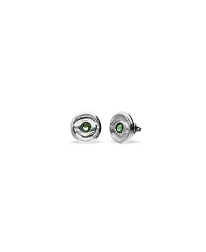 UNODE50 Plated Button Earrings With Green Faceted Crystal - Silver