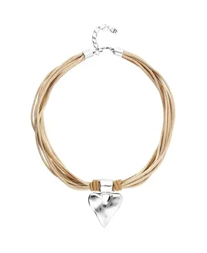 UNODE50 Sterling Silver Necklace With Leather And Heart Detail - Silver/beige