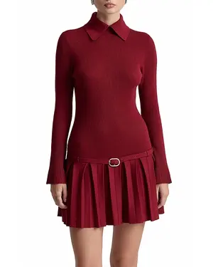 Avec Les Filles Belted Drop Waist Pleated Sweater Dress - Red