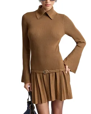 Avec Les Filles Belted Drop Waist Pleated Sweater Dress - Russet