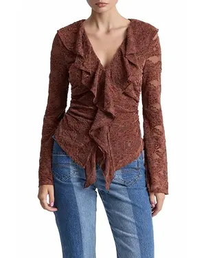 Avec Les Filles Chenille Lace Ruffle Cardigan Top - Russet