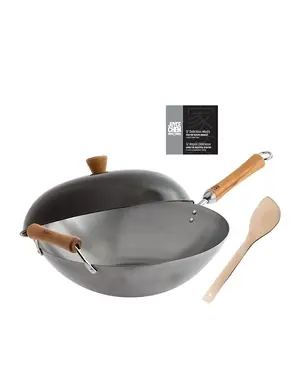 JOYCE CHEN Uncoated Carbon Steel Flat Bottom Wok Set With Lid And Birch Handles, 4 Pieces, 23.5 L X 14 W X 5.5 H - Black/silver/beige