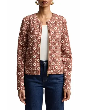 Bagatelle Jacquard Collarless Zip-up Jacket - Rust