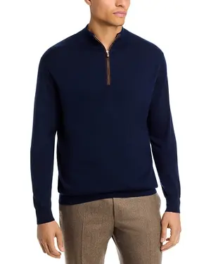 Peter Millar Suede Trim Quarter Zip Sweater - Navy