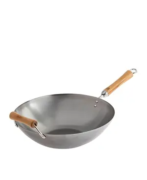 JOYCE CHEN Uncoated Carbon Steel Flat Bottom Wok With Birch Handles, 23.5 L X 14 W X 5.5 H - Silver