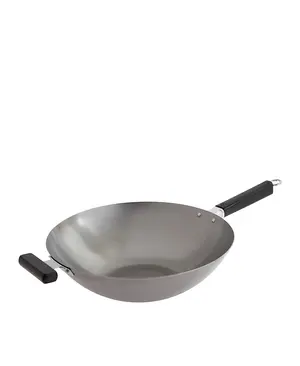 JOYCE CHEN Uncoated Carbon Steel Flat Bottom Wok With Phenolic Handles, 24 L X 14 W X 4 H - Silver