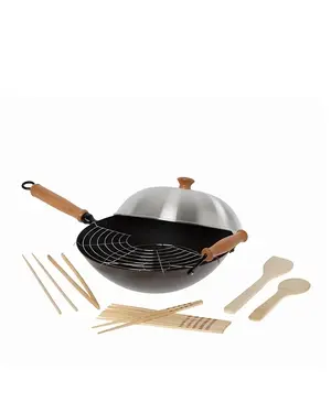 JOYCE CHEN Carbon Steel Ceramic Nonstick Flat Bottom Wok Set With Lid And Maple Handles, 10 Pieces, 25 L X 14 W X 6 H - Black/silver/beige