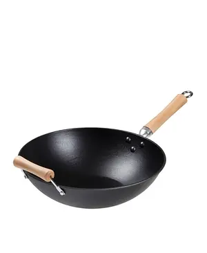 JOYCE CHEN Preseasoned Cast Iron Flat Bottom Wok With Maple Handle, 23.25 L X 14 W X 6 H - Black