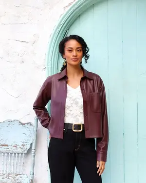 Karen Kane Faux Leather Long Sleeve Button Up Shirt