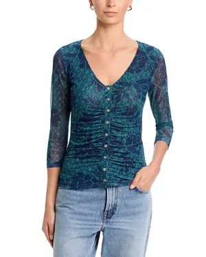 Johnny Was Ruched Button Front Mesh Tee