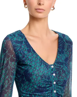 Johnny Was Ruched Button Front Mesh Tee