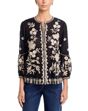 Johnny Was Soretta Scallop Sleeve Cotton Blouse - Black