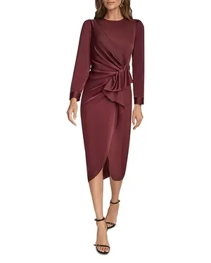 Donna Karan New York Satin Side-ruched Cascade Ruffle Midi Dress Berry