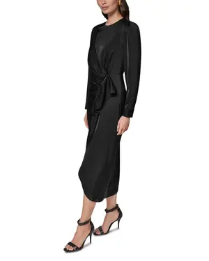Donna Karan New York Satin Side-ruched Cascade Ruffle Midi Dress - Black
