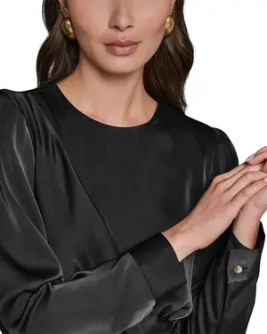 Donna Karan New York Satin Side-ruched Cascade Ruffle Midi Dress - Black