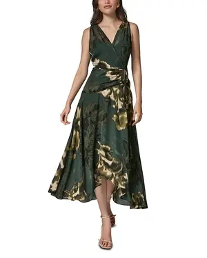 Donna Karan New York Printed Chiffon Crossover Neck Faux Wrap Dress - Black Forest