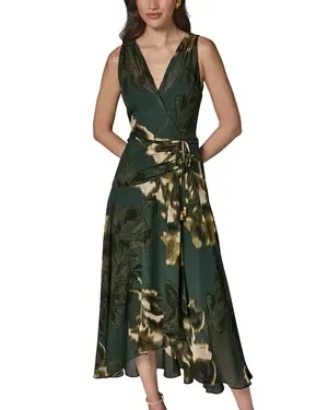 Donna Karan New York Printed Chiffon Faux Wrap Dress