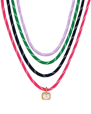 Aqua Bezel Stone Cord Pendant Necklace Set - Emerald-cut