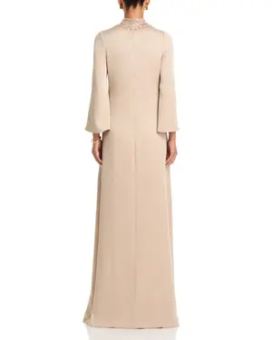 Rickie Freeman For Teri Jon Repe Back Satin Bead Collare Flare Sleeve Gown